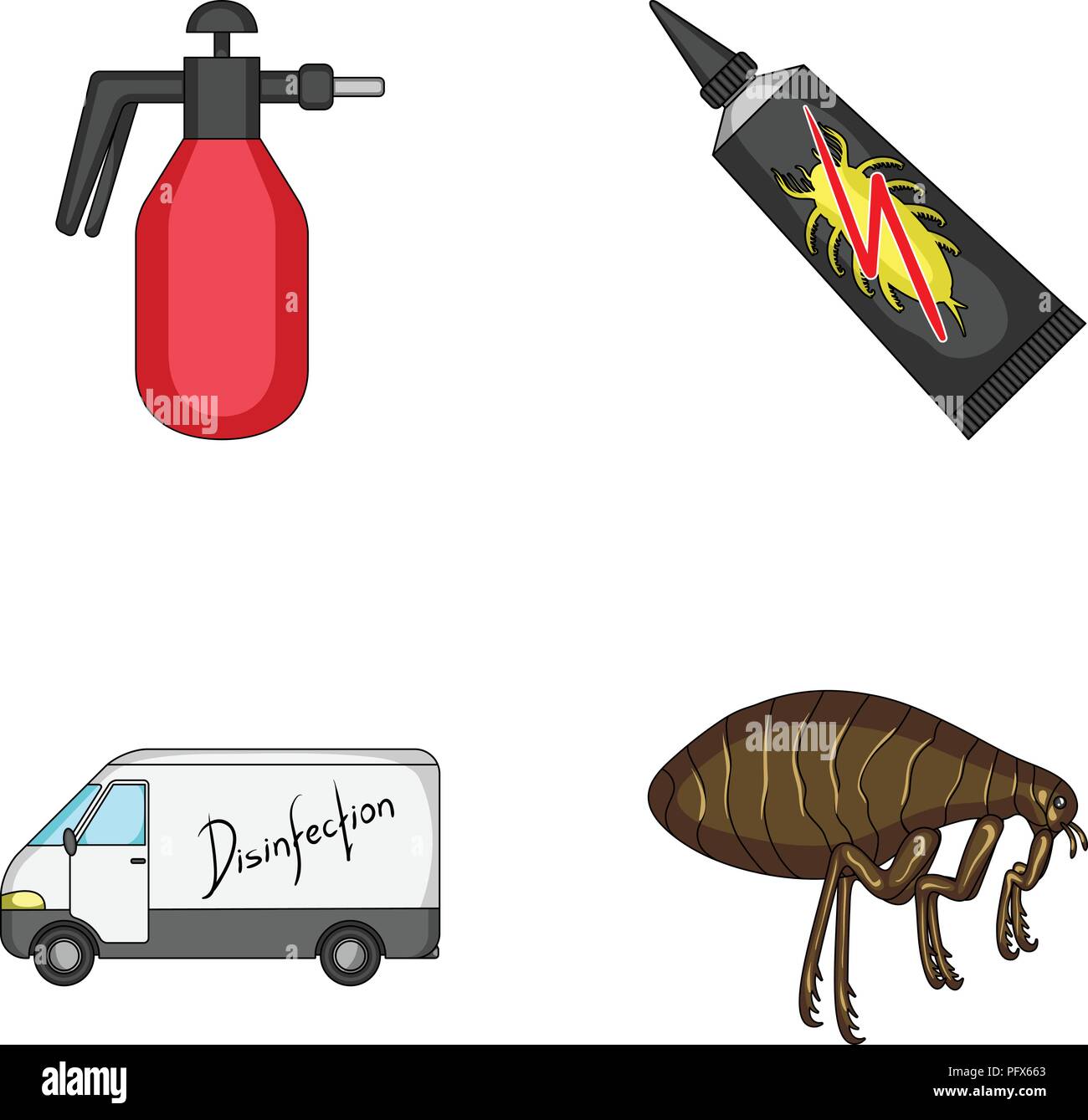 Flea, special car and equipment cartoon icons in set collection for ...