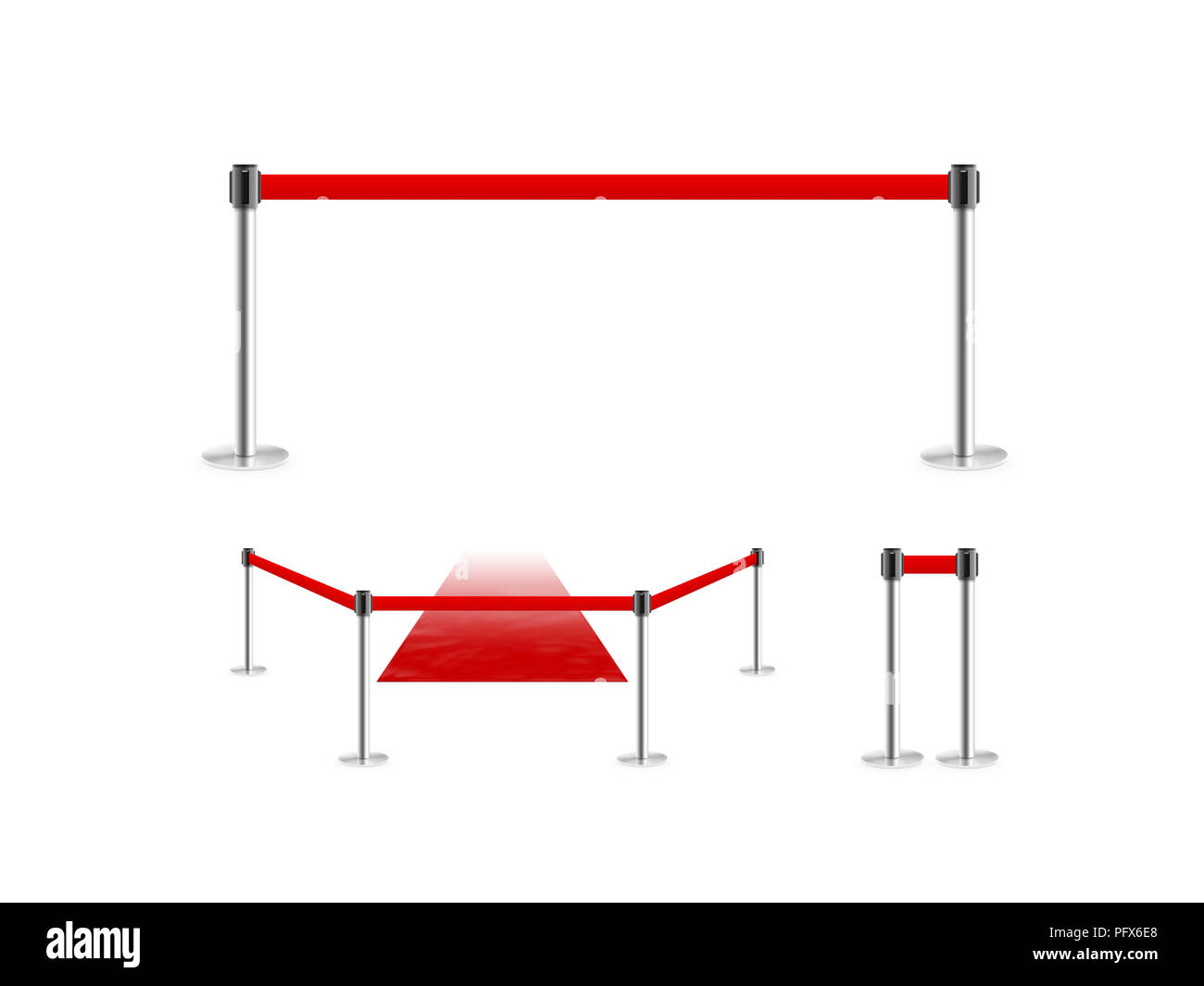 Mobile fence barrier with red belt and velvet carpet stand isolated on ...