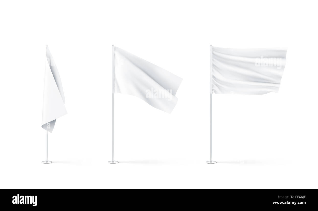 Blank white flags mockup set, plain and waving, 3d rendnering. Clear rippled flagpole design ...