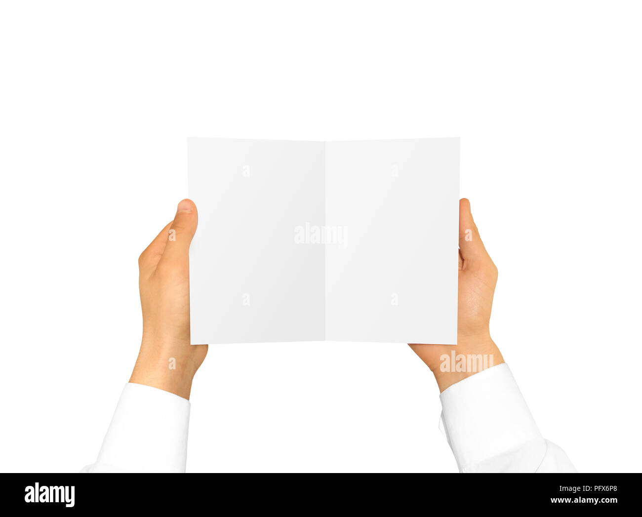 Hand in white shirt sleeve holding blank booklet card in the hand ...