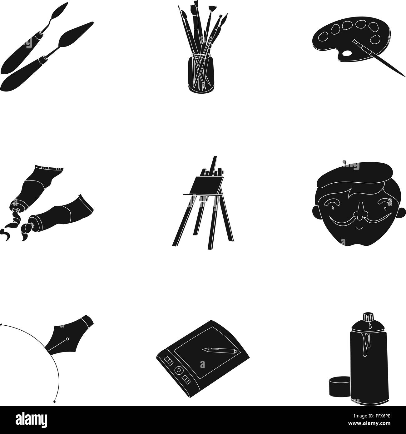 Artist and drawing set icons in black design. Big collection of artist ...