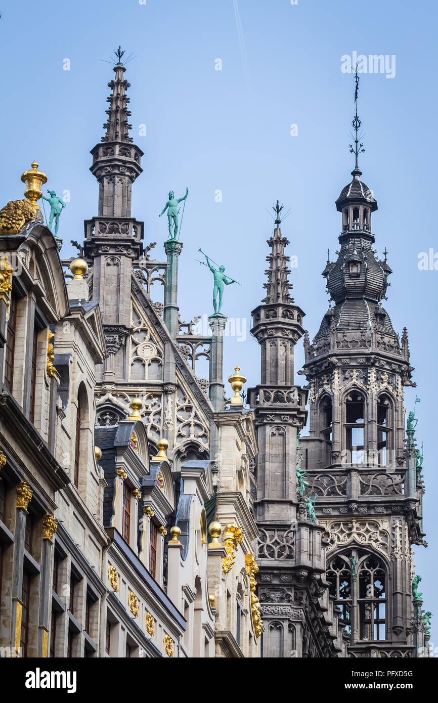 Brussels, Belgium - May 14, 2018 - Statues and decorations of the roof ...