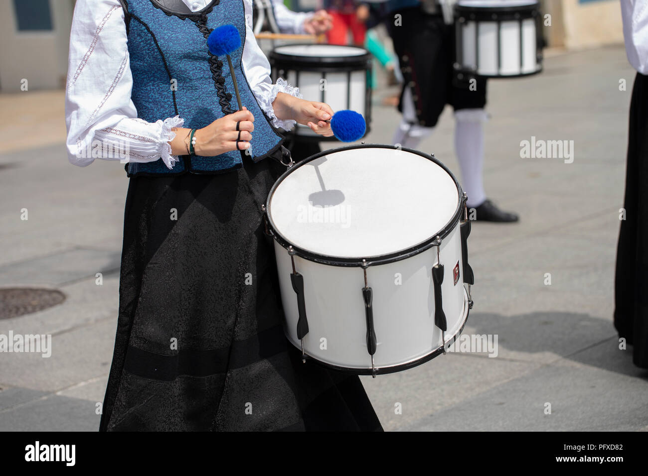 Woman playing a drum, spanish traditional dance group Stock Photo - Alamy
