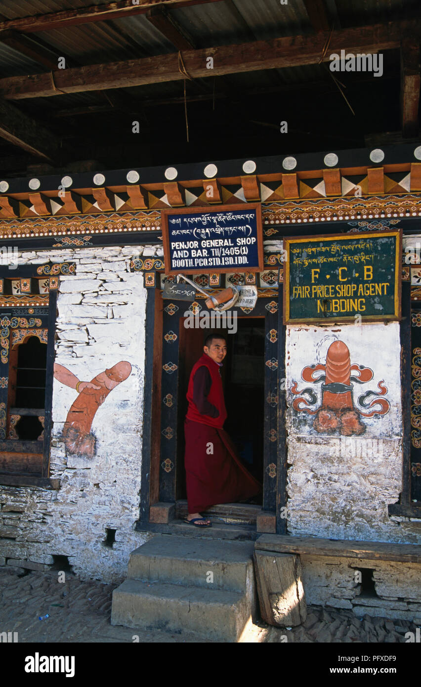 Decorated shop front in Nobding in central Bhutan FOR EDITORIAL USE ...