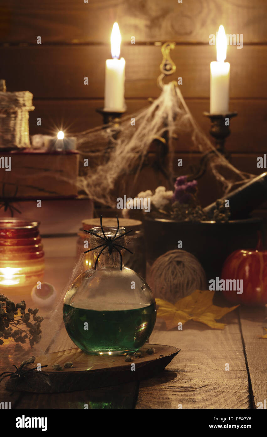 Halloween holiday concept witch lab with ingredients for potions Stock ...