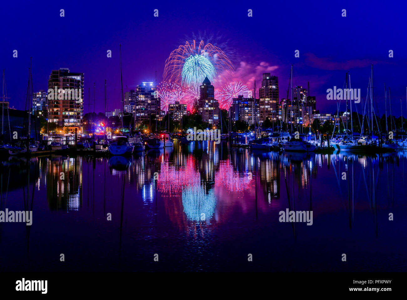English Bay Fireworks seen from Coal Harbour, Vancouver, British ...