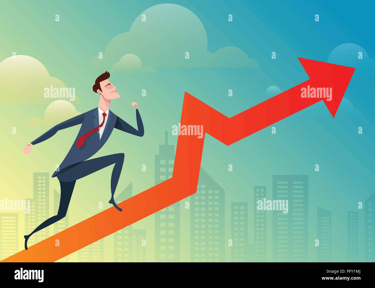 Business man run and jump pass the graph on the city background.Vector ...