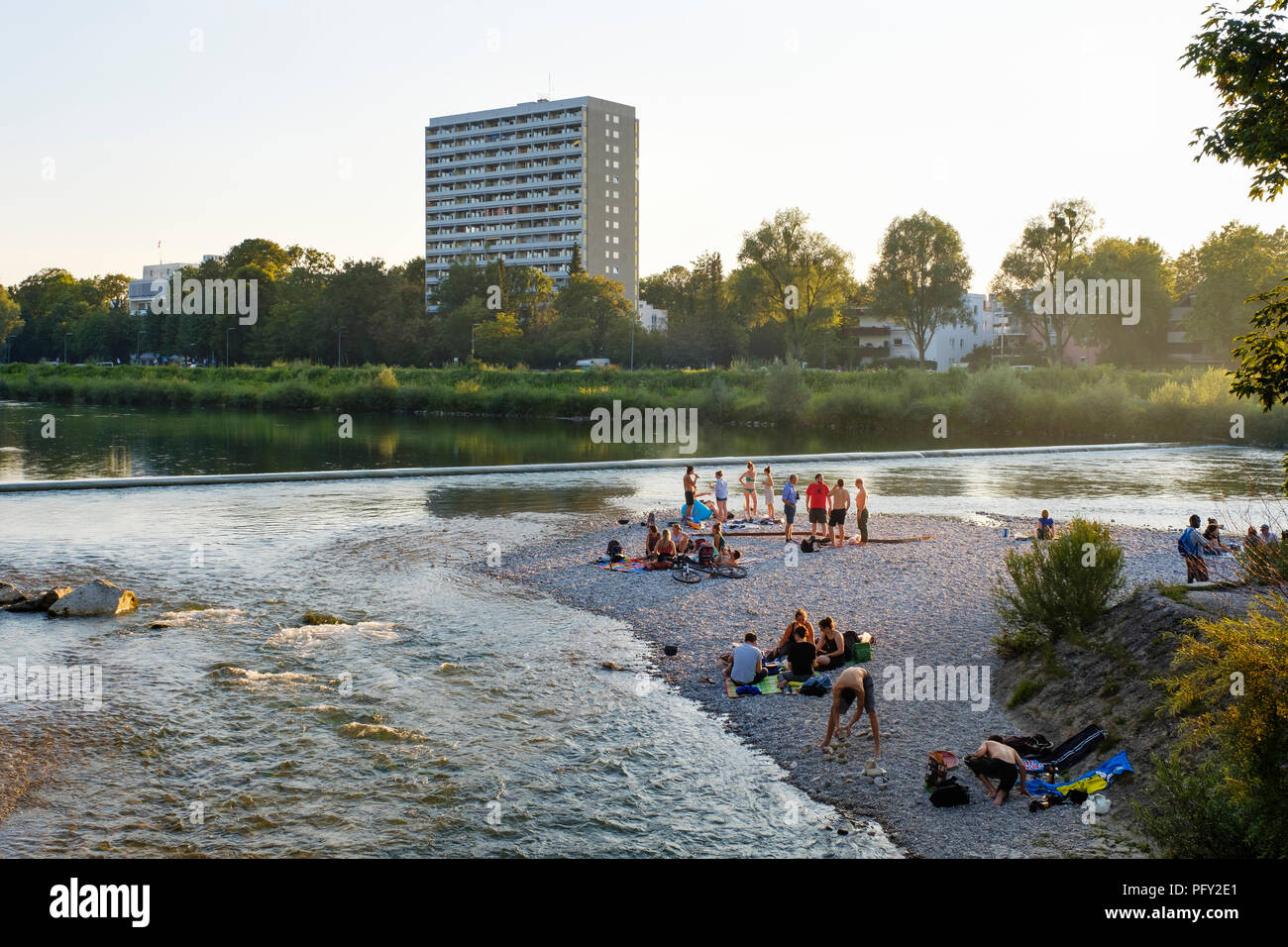 Isar at Flaucher, skyscraper in Thalkirchen, Munich, Upper Bavaria ...