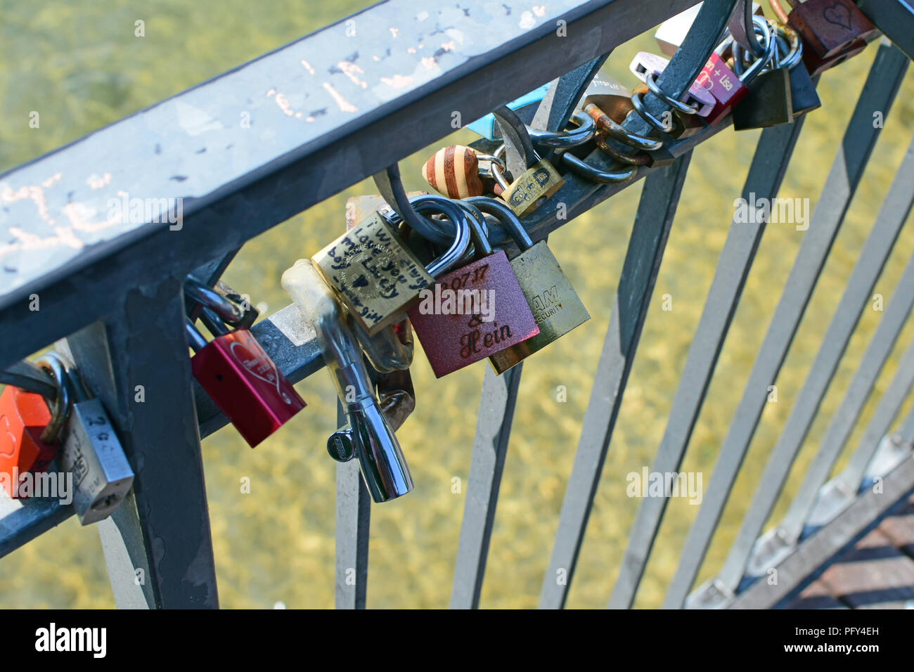Love locks on a bridge at the waterfront in Lake Garda, Italy Stock ...