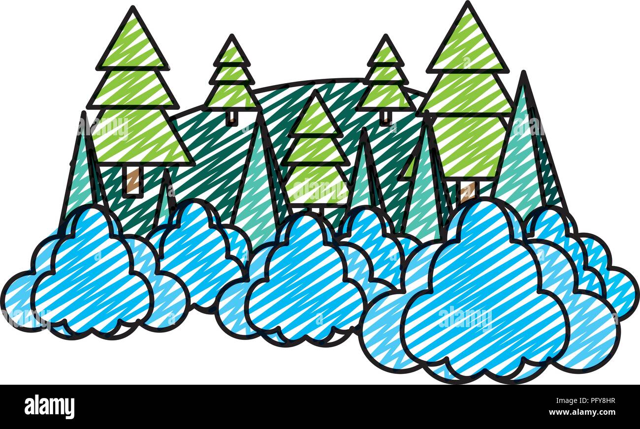 doodle nature pine tree with clouds landscape Stock Vector Image & Art ...