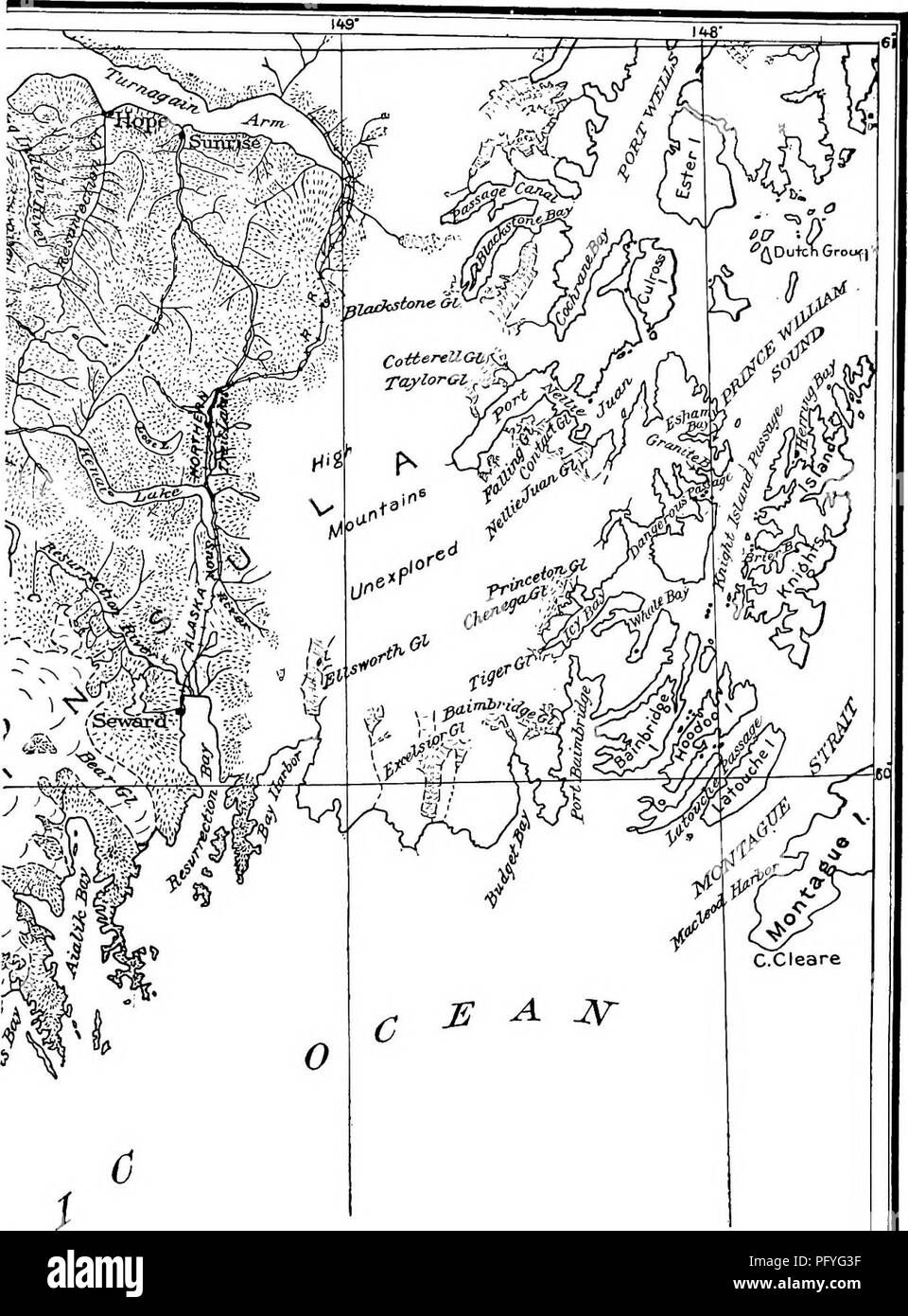 A map of the Kenai Peninsula in Alaska, showing the locations of Seward ...