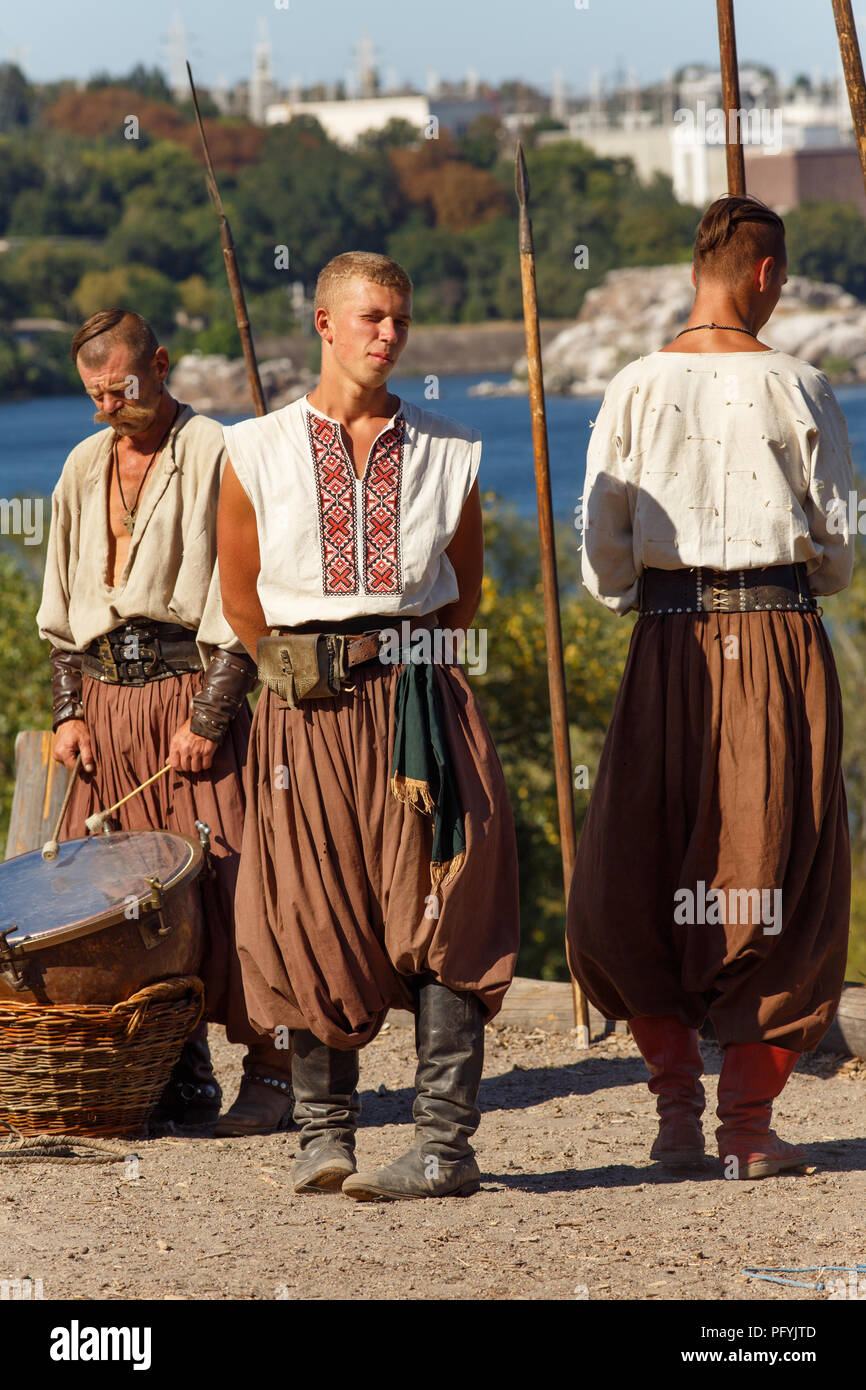 Cossack conversation on the island of Khortytsya. Zaporozhye, Ukraine ...