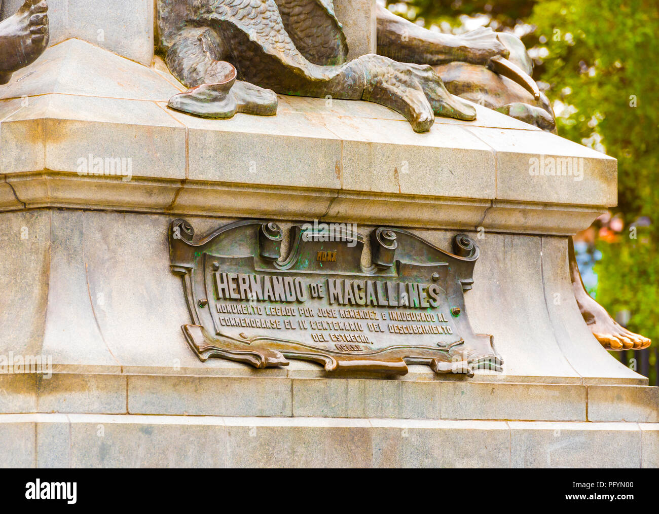 The monument to Hernando de Magallanes, Punta Arena, Chile. Close-up ...