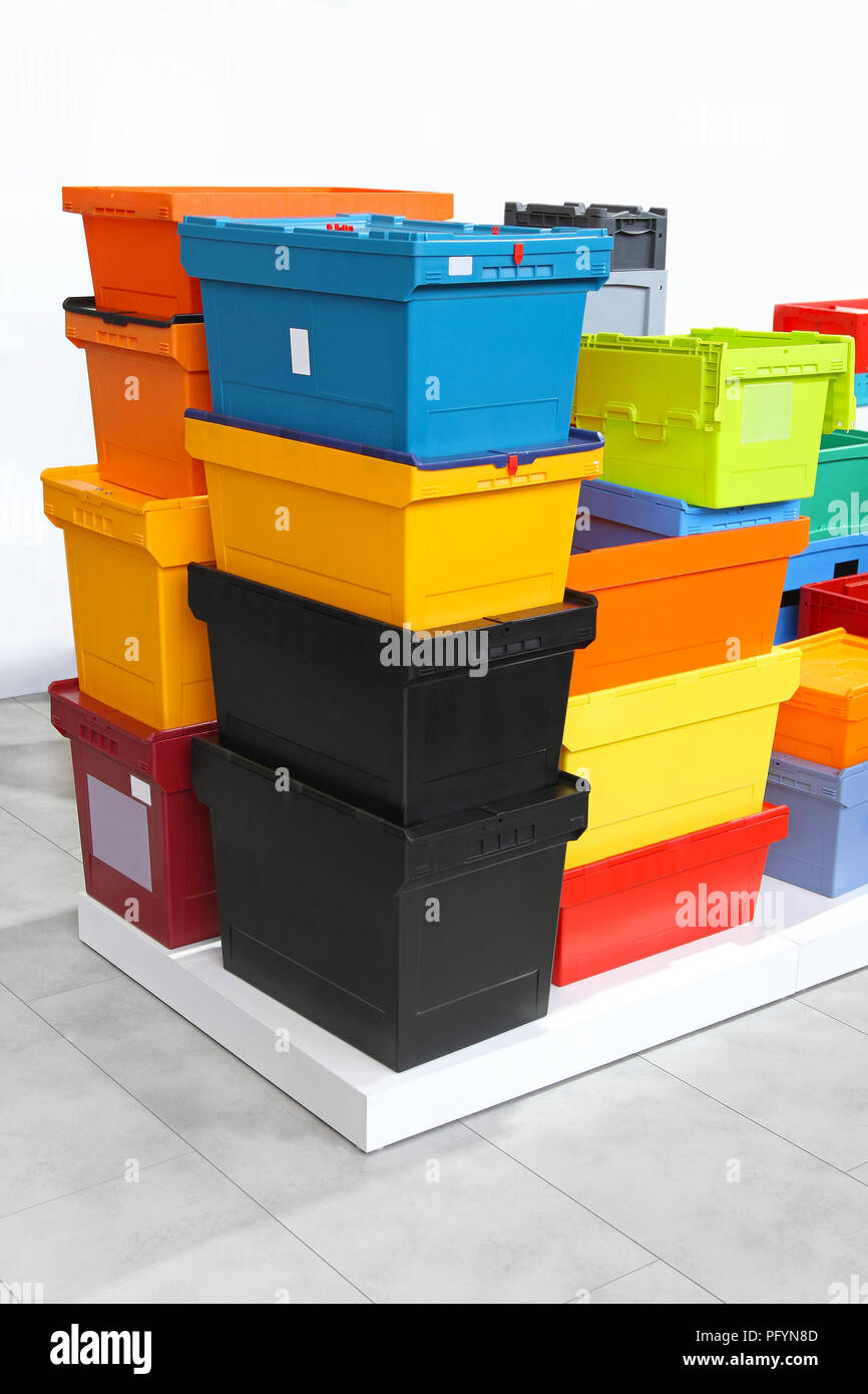 Colourful plastic crates and boxes for delivery shipping Stock Photo ... Colourful plastic crates and boxes for delivery shipping Stock Photo ...