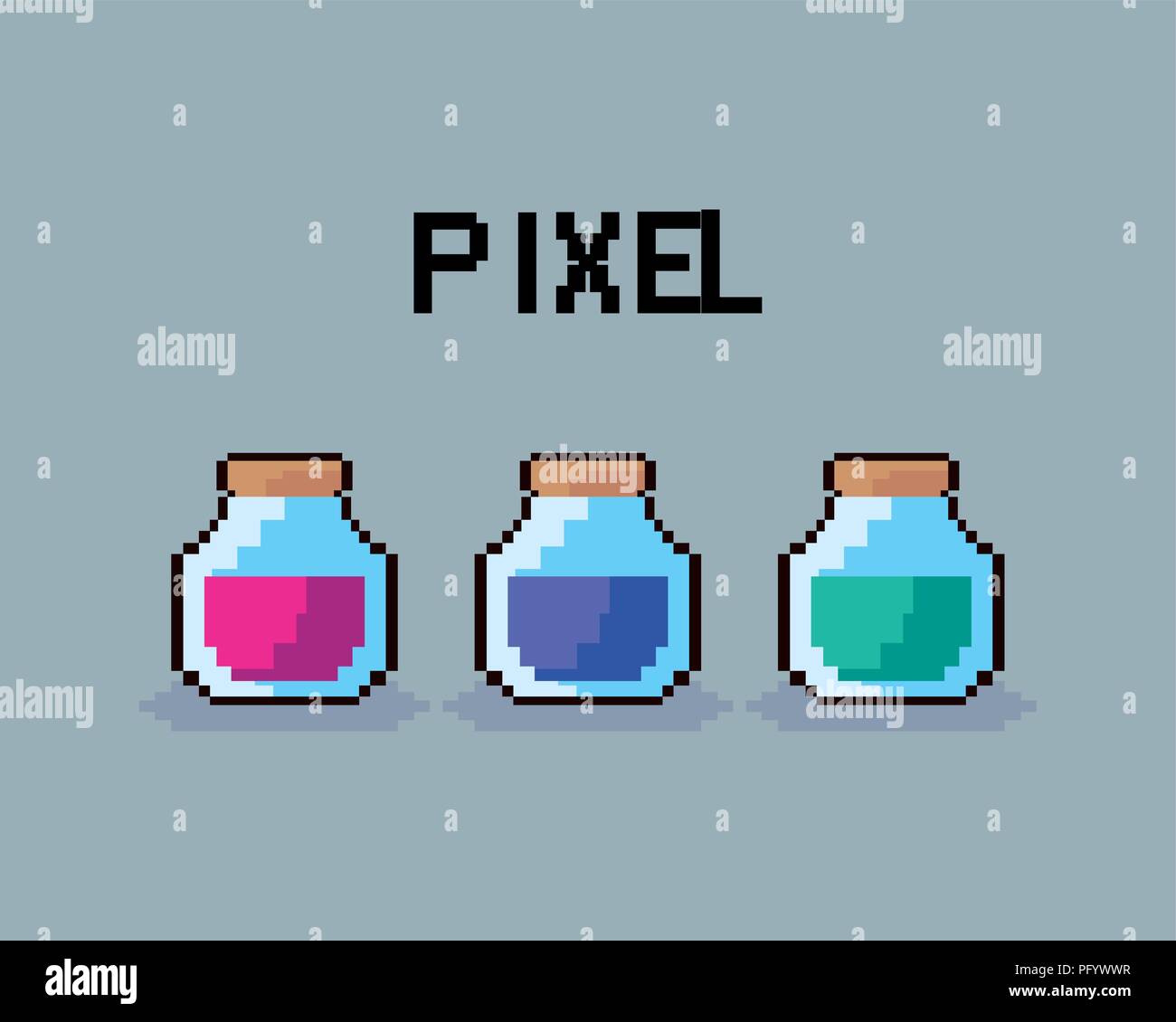 pixelated potion bottles over gray background, vector illustration ...