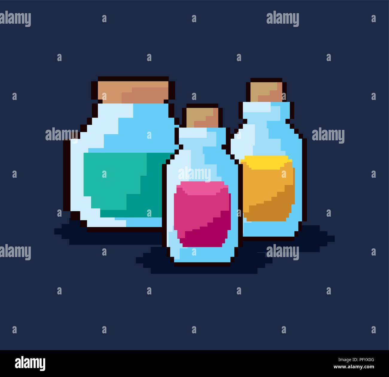 pixelated potion bottles over black background, colorful design. vector ...