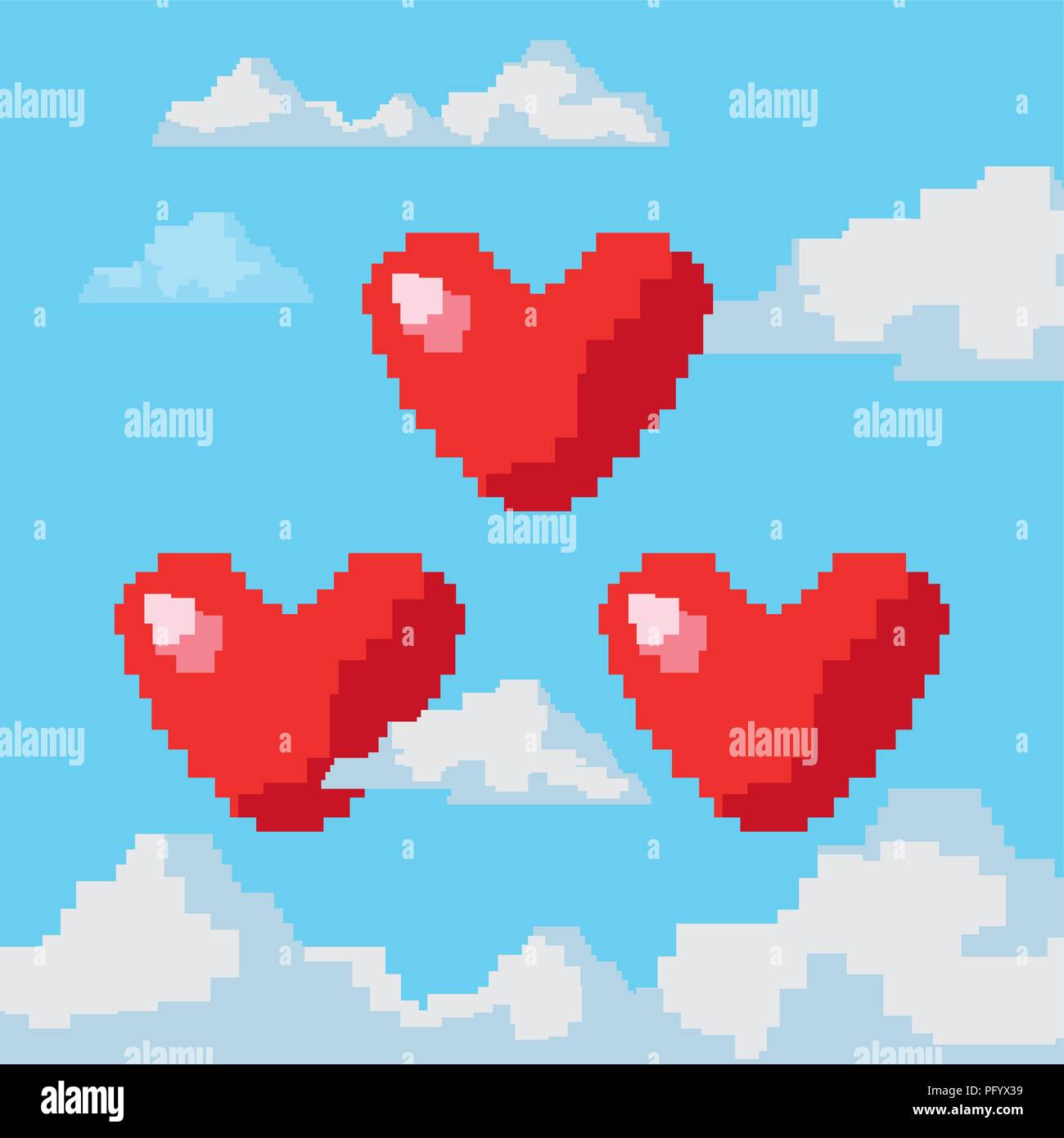 pixelated hearts over sky background, colorful design. vector ...