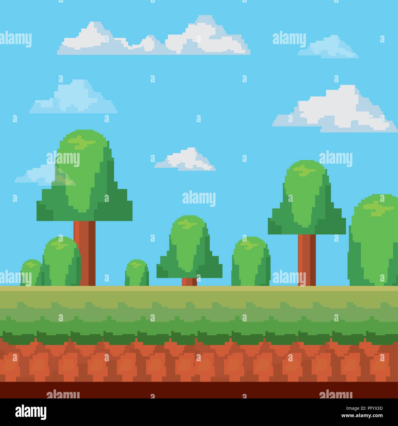 pixelated trees and landscape, videogame concept, colorful design ...