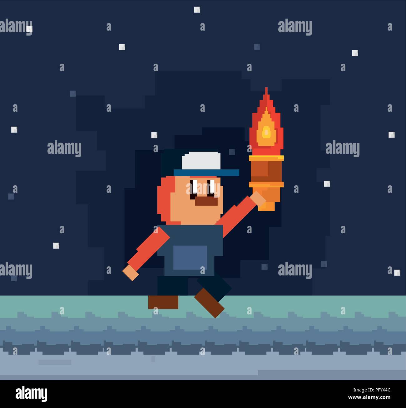 pixelated videogame design with adventure man character holding a torch ...
