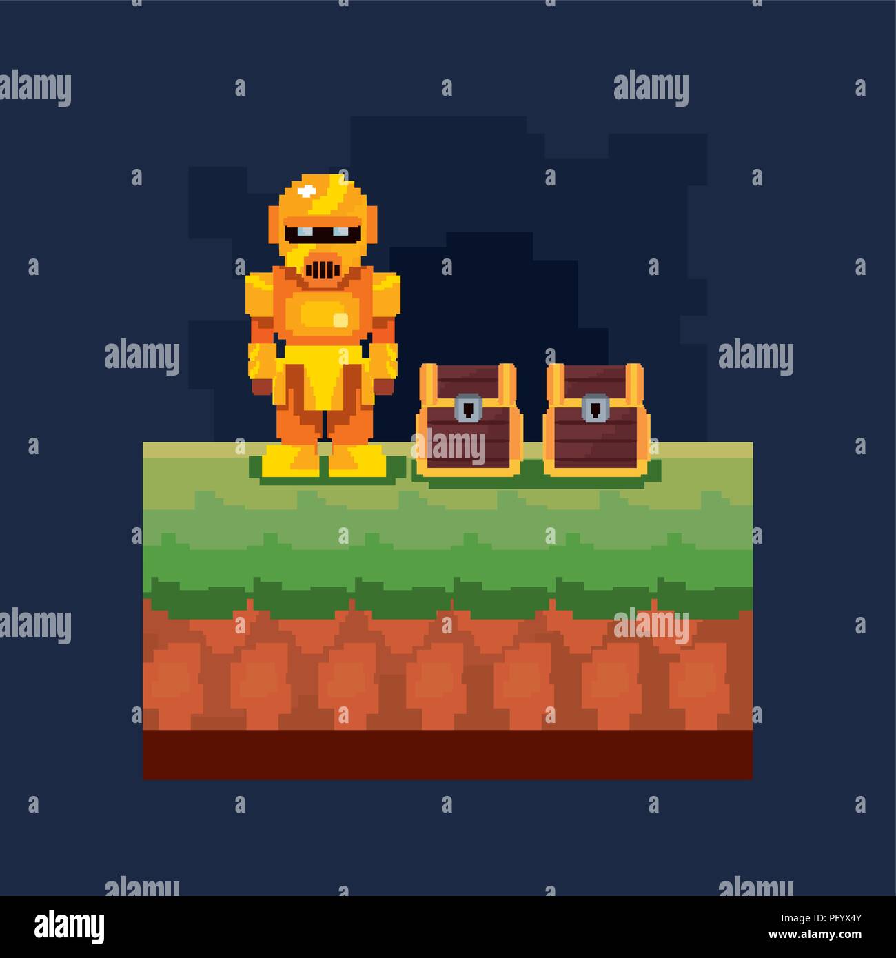 videogame design with pixelated robot and treasure chest over blue ...