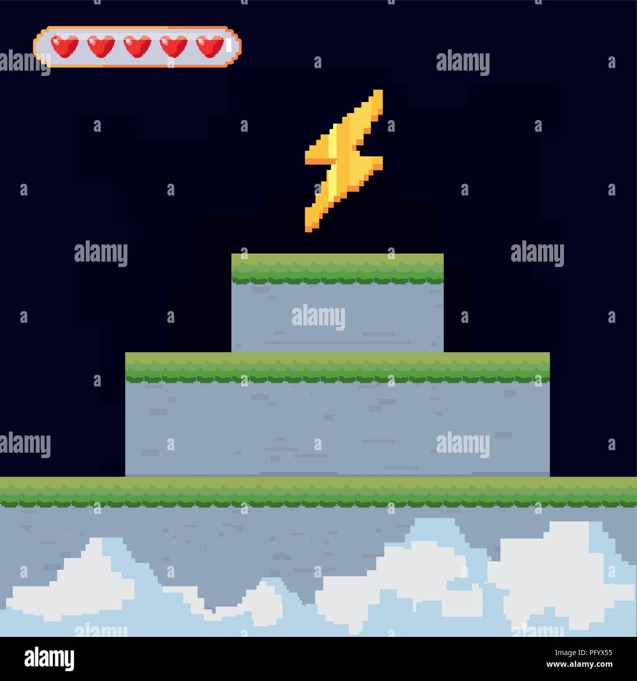 videogame design with interface with pixelated lightning and level bar ...