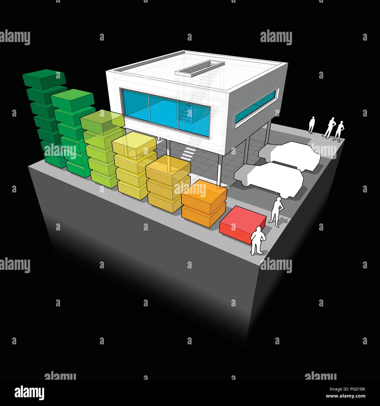 Diagram of a modern house with energy efficiency rating bar diagram ...