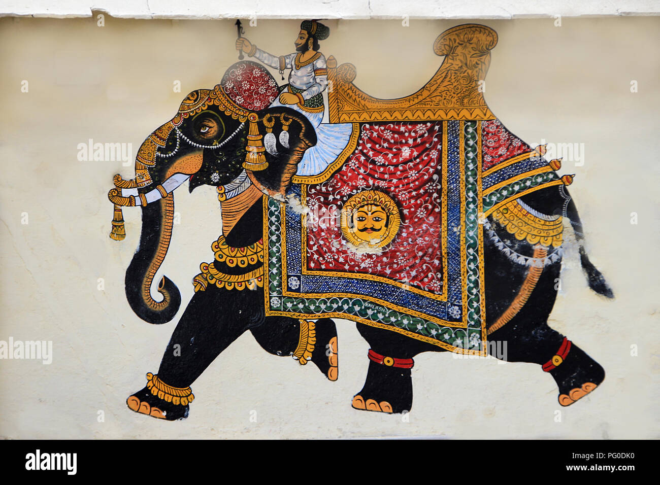 Painting of king riding richly decorated royal elephant at City Palace ...