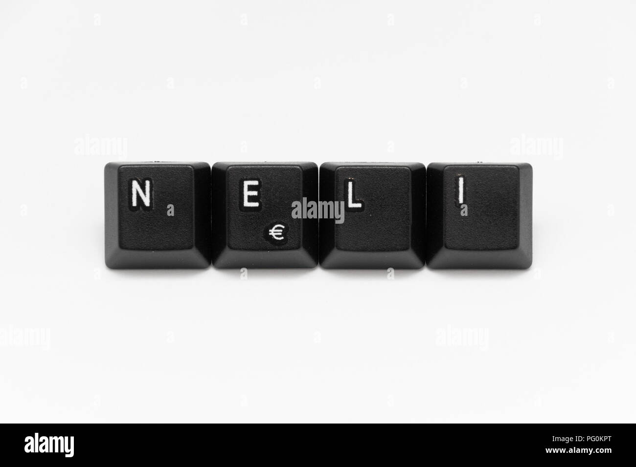 black keys of keyboard with different years words or names Stock Photo ...