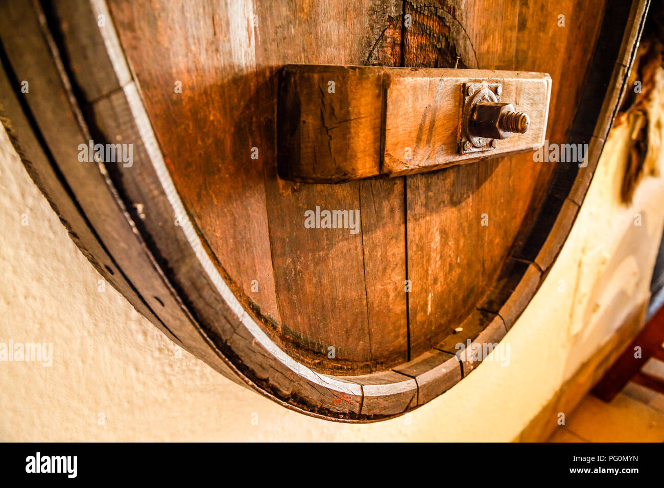 Close up of vintage wine barrel Inside Gastof Krone hotel and ...