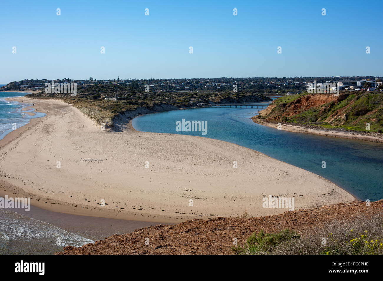 The beautiful Southport and Onkaparinga River mouth with blue skies on ...