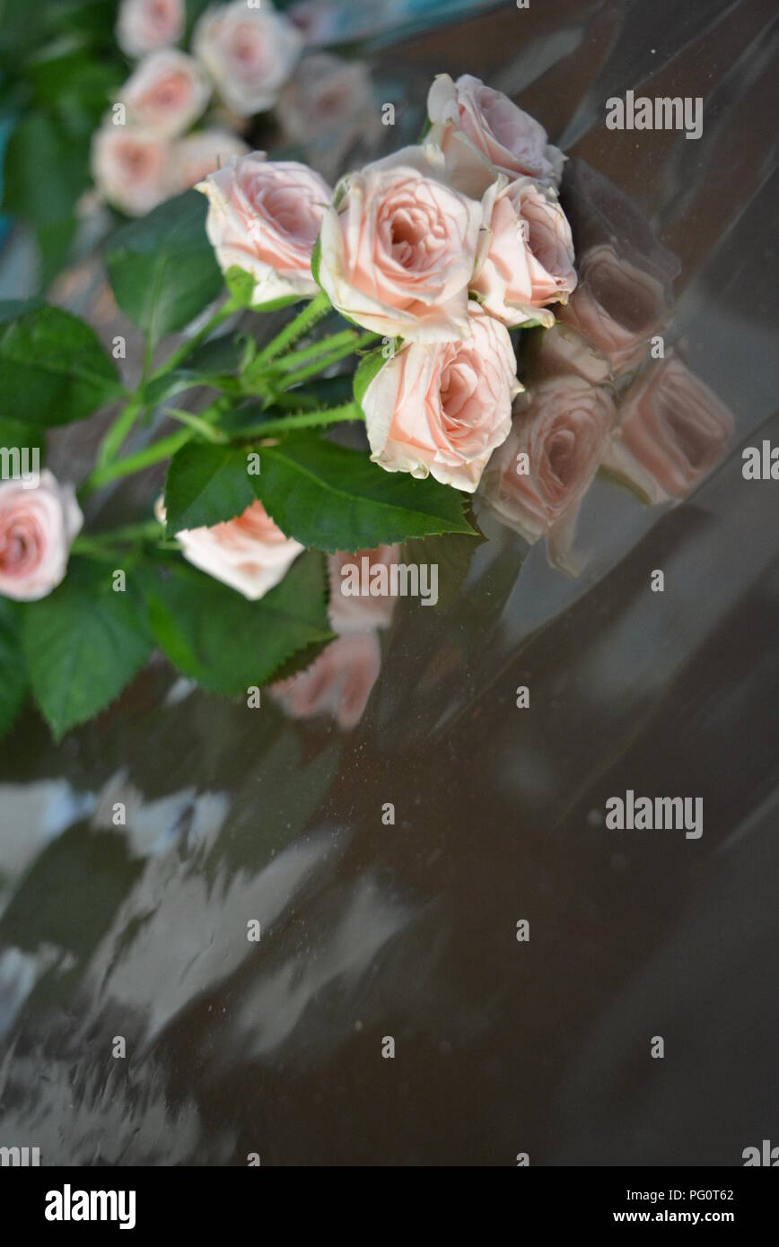 Elegant yellow pink small roses with green leaves, natural fresh chic ...