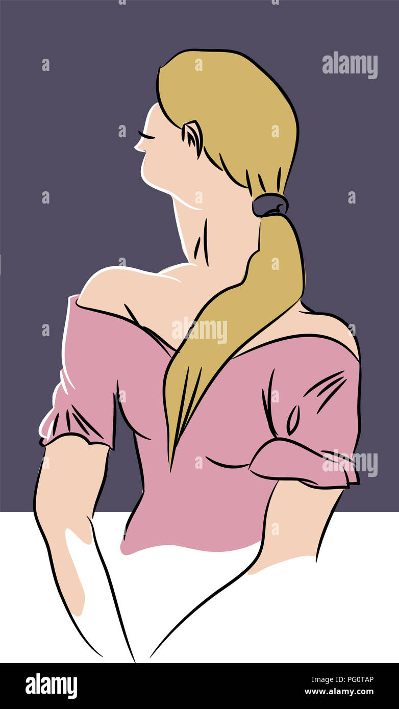 looking left. standing woman looking left and wearing pink dress Stock ...