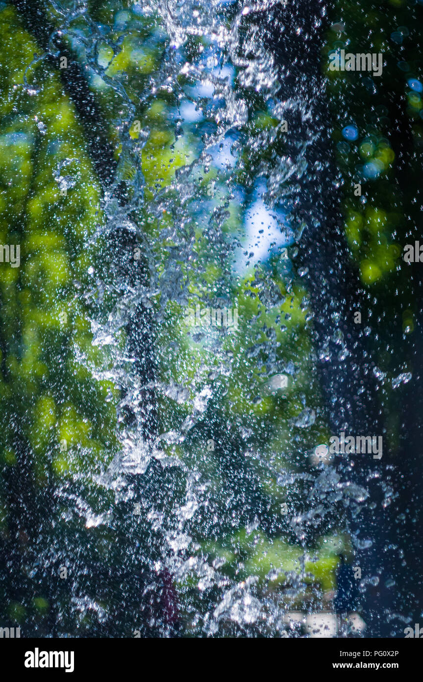 transparent falling water vertical flows against a blue sky and green ...