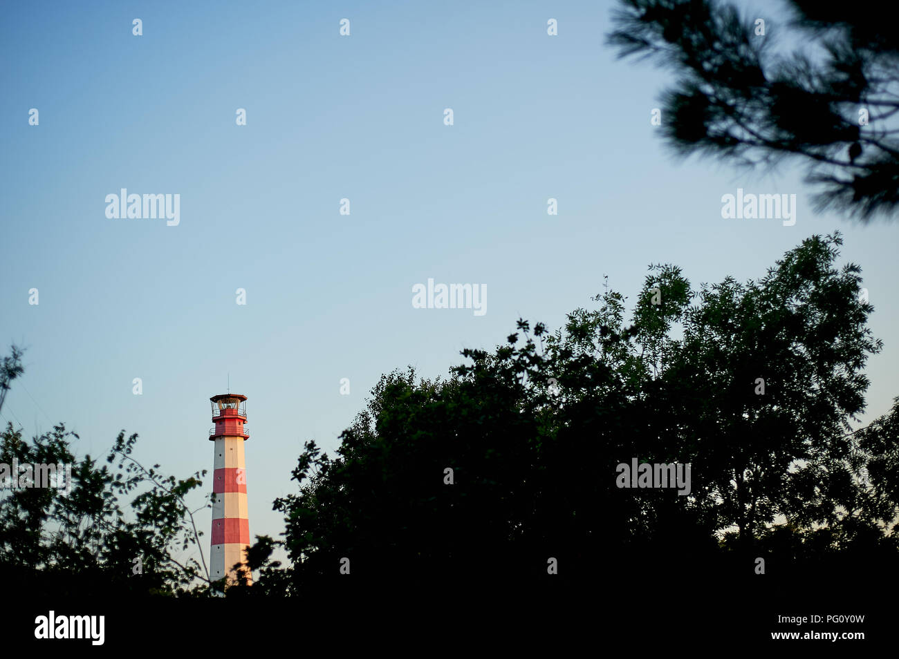 Lighthouse in the treetops, white and red.Russia, Gelendzhik Stock ...