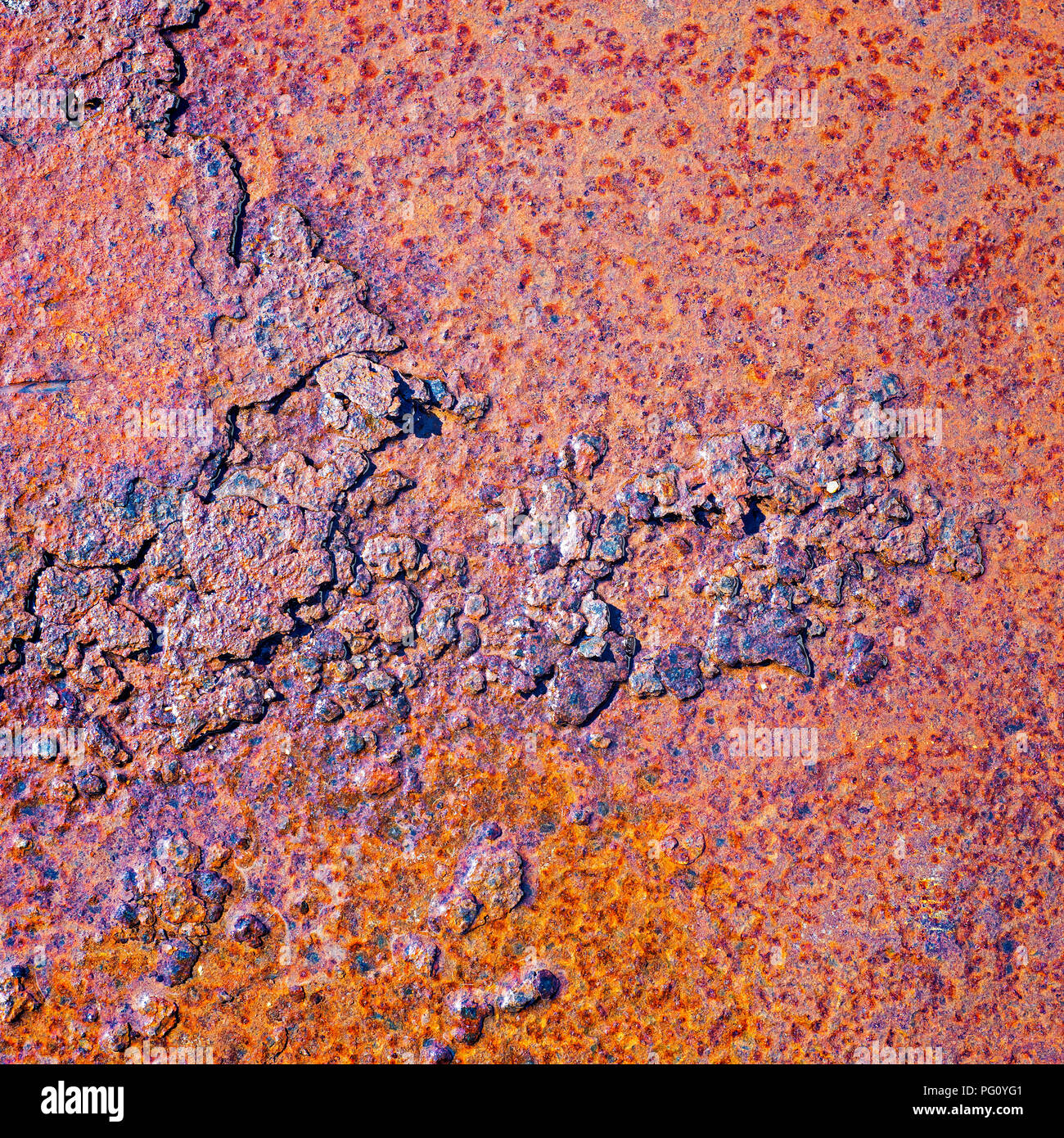Rusty brown scratched textured metal plate background. Close-up view ...