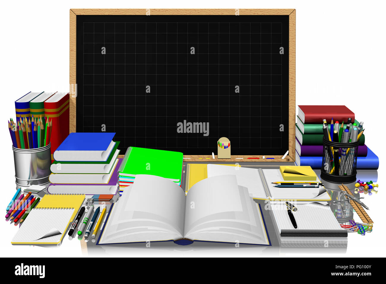 3D illustration. Central blackboard to enter text with writing ...