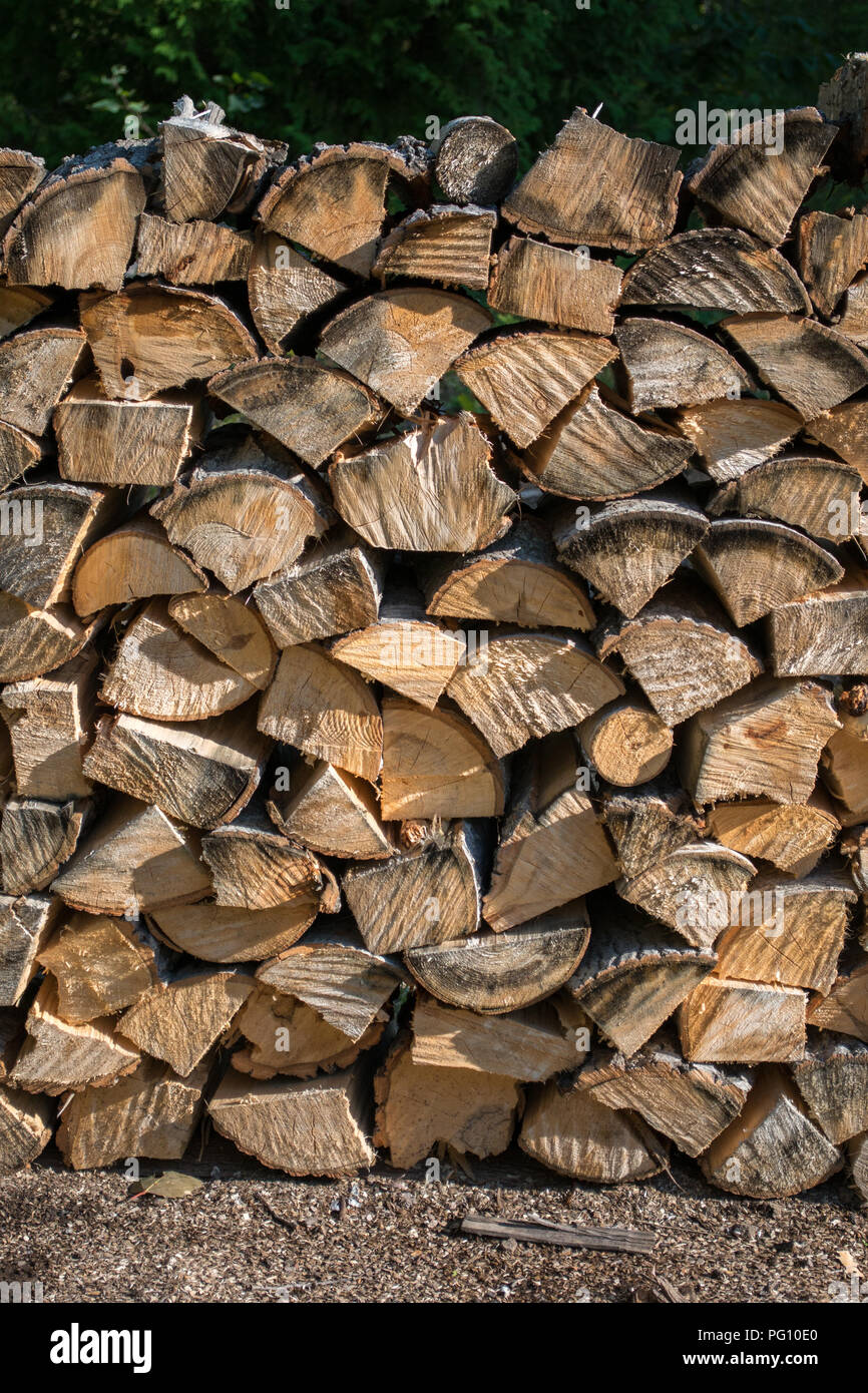 Cut split stacked firewood for winter background close-up in summertime ...