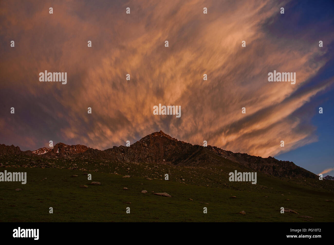 Magical alpine sunset, Keskenkija Trek, Jyrgalan, Kyrgyzstan Stock ...