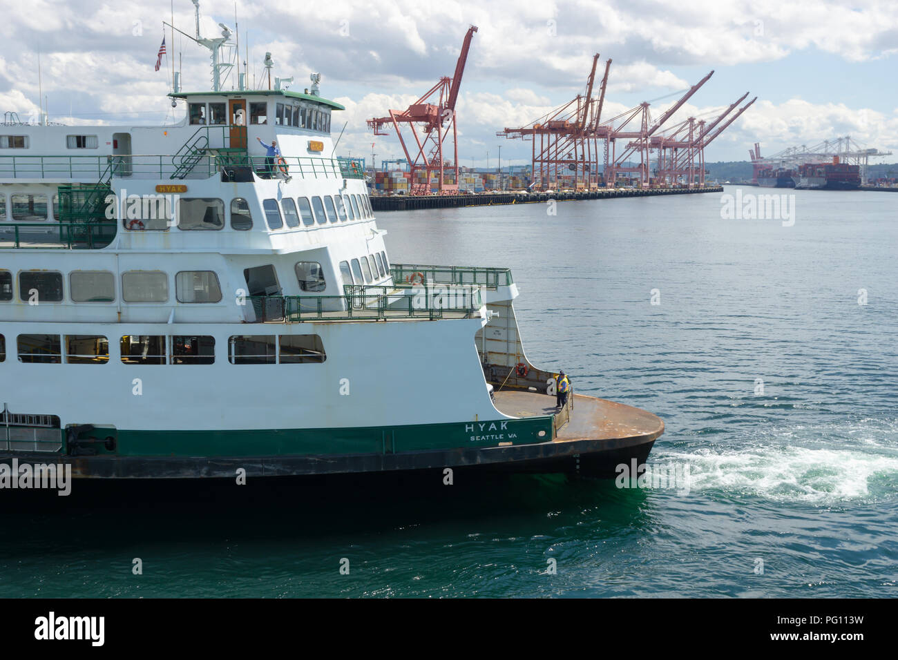 Washington State ferry boat leaving the Seattle Terminal with the ...
