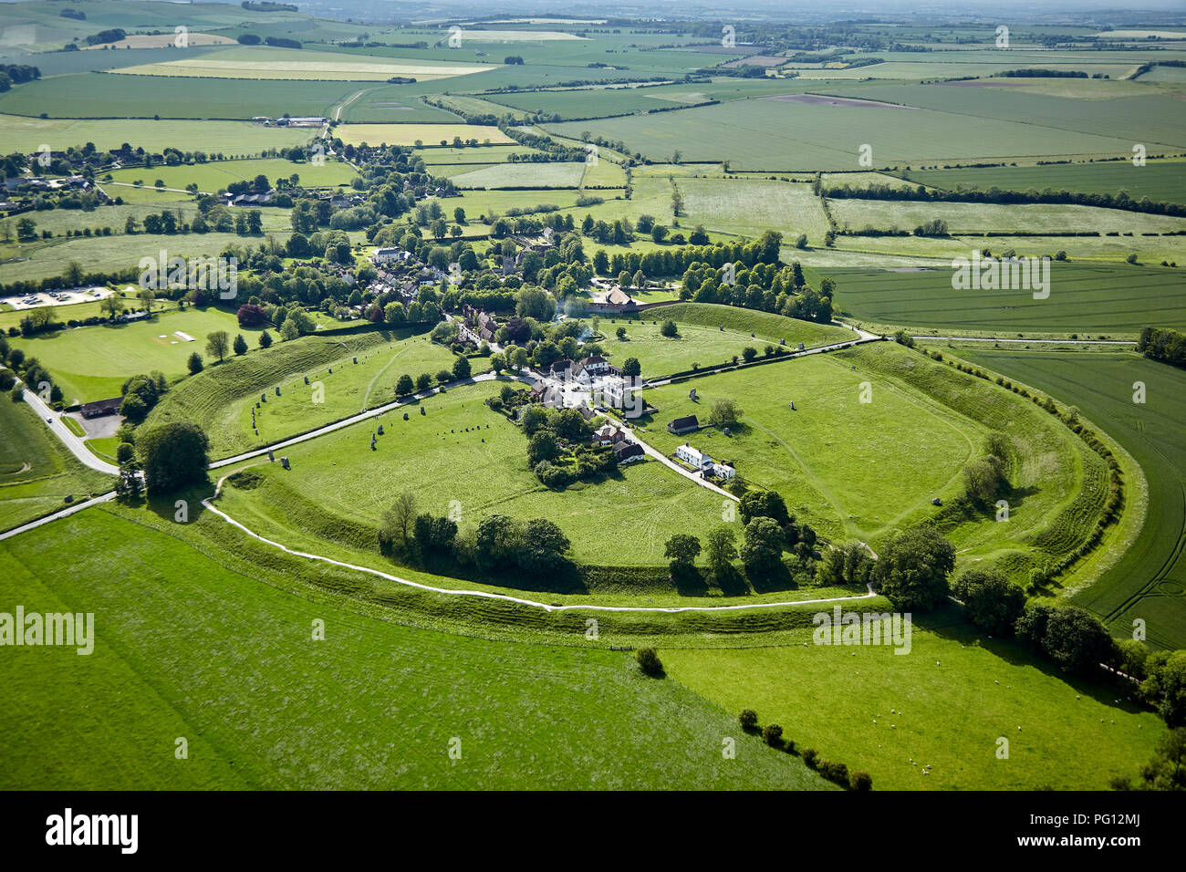 Aerial view of stone monument at Avebury village Wiltshire England ...