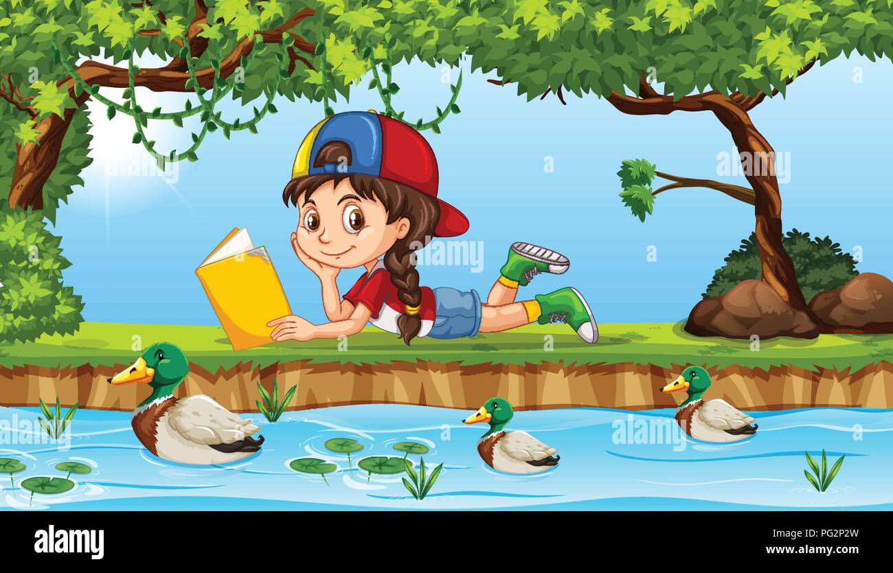 A girl reading a book next to river illustration Stock Vector Image ...