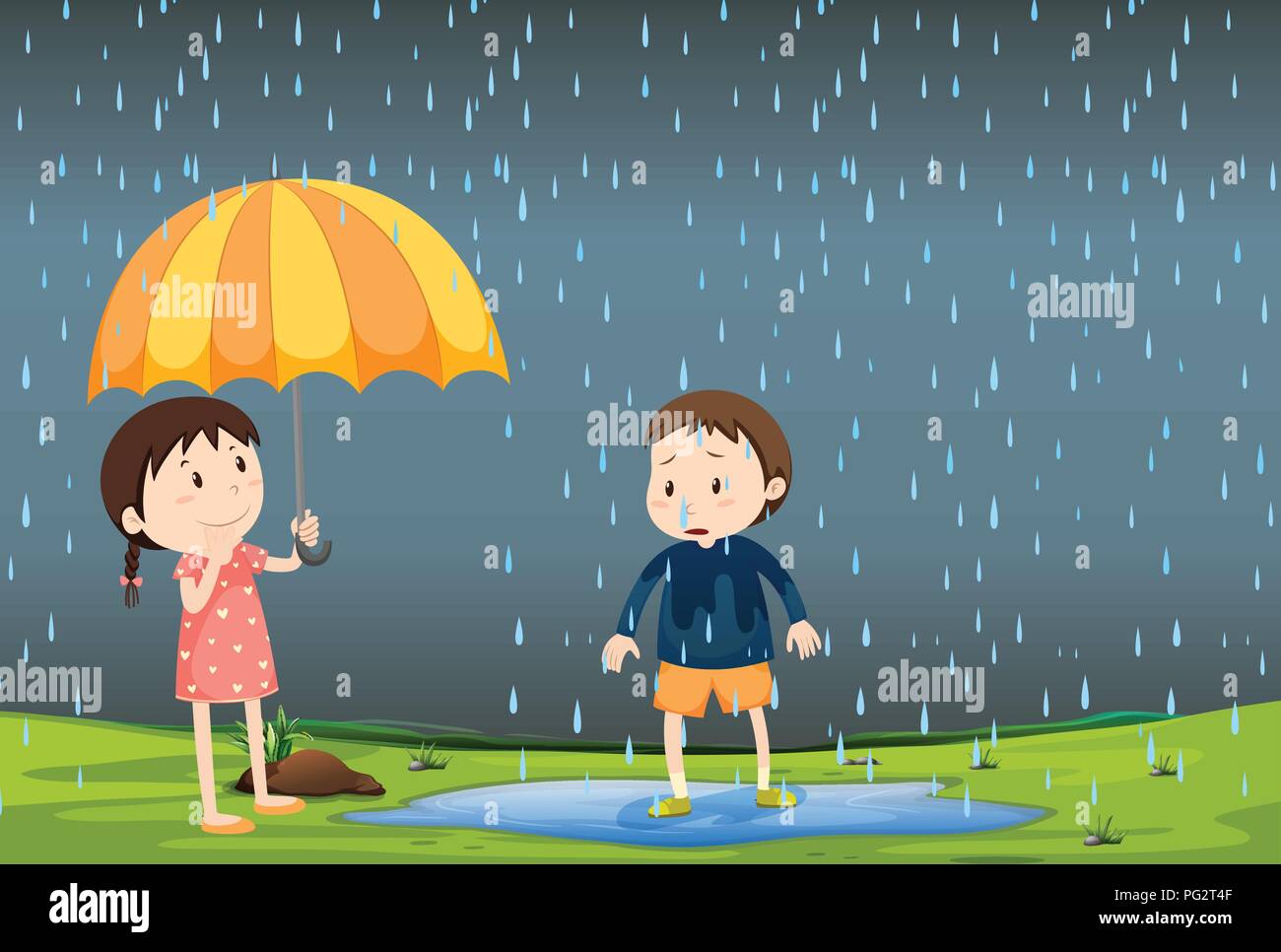 Two children in the rain illustration Stock Vector Image & Art - Alamy