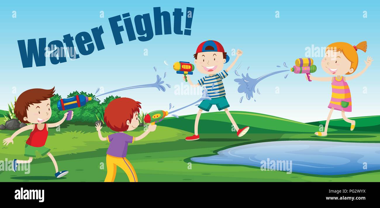 Children having a water fight illustration Stock Vector Image & Art - Alamy