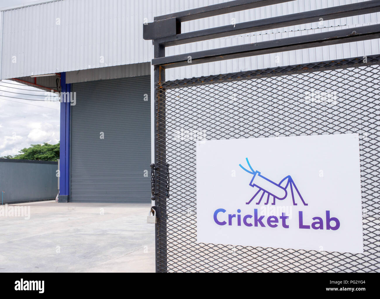 Chiang Mai, Thailand. 12th July, 2018. The Cricket Lab logo hangs at ...