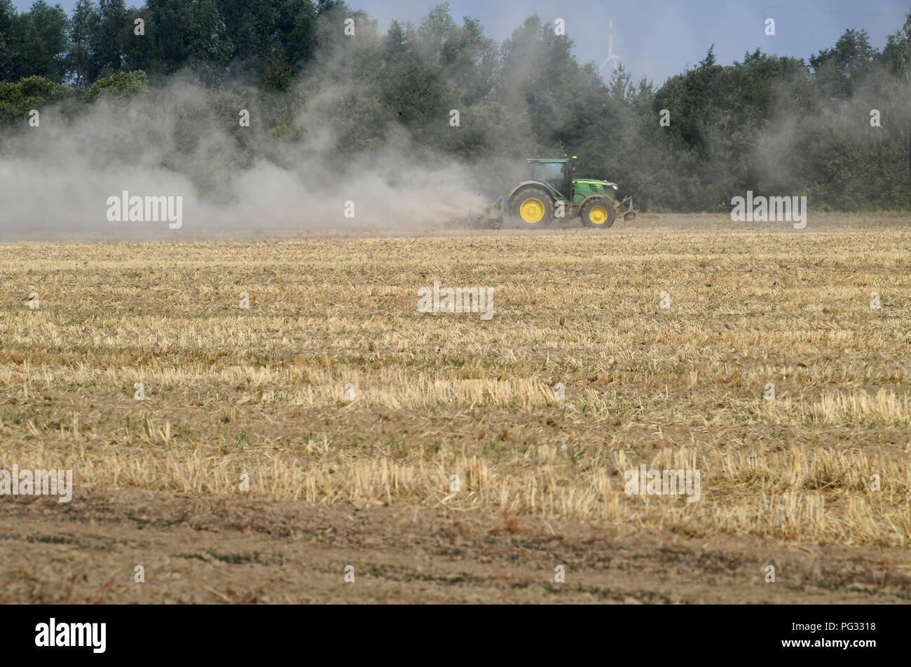 23 August 2018, Germany, Großgoltern: A farmer drives his tractor over ...