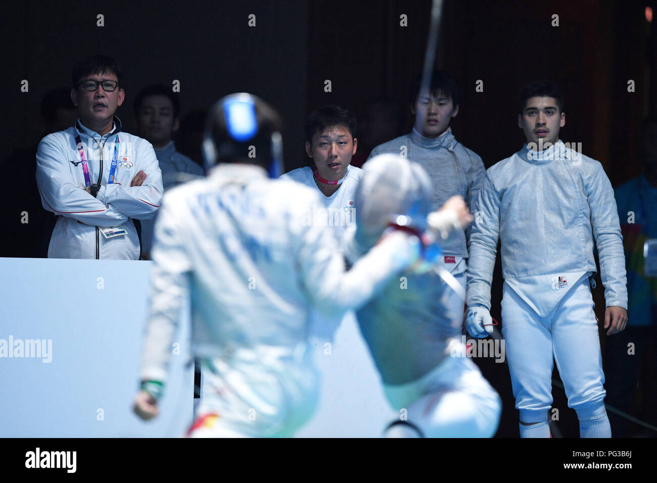 Jakarta, Indonesia. Credit: MATSUO. 23rd Aug, 2018. (L-R) Lee Wook Jae, Koji Yamamoto, Kento ...
