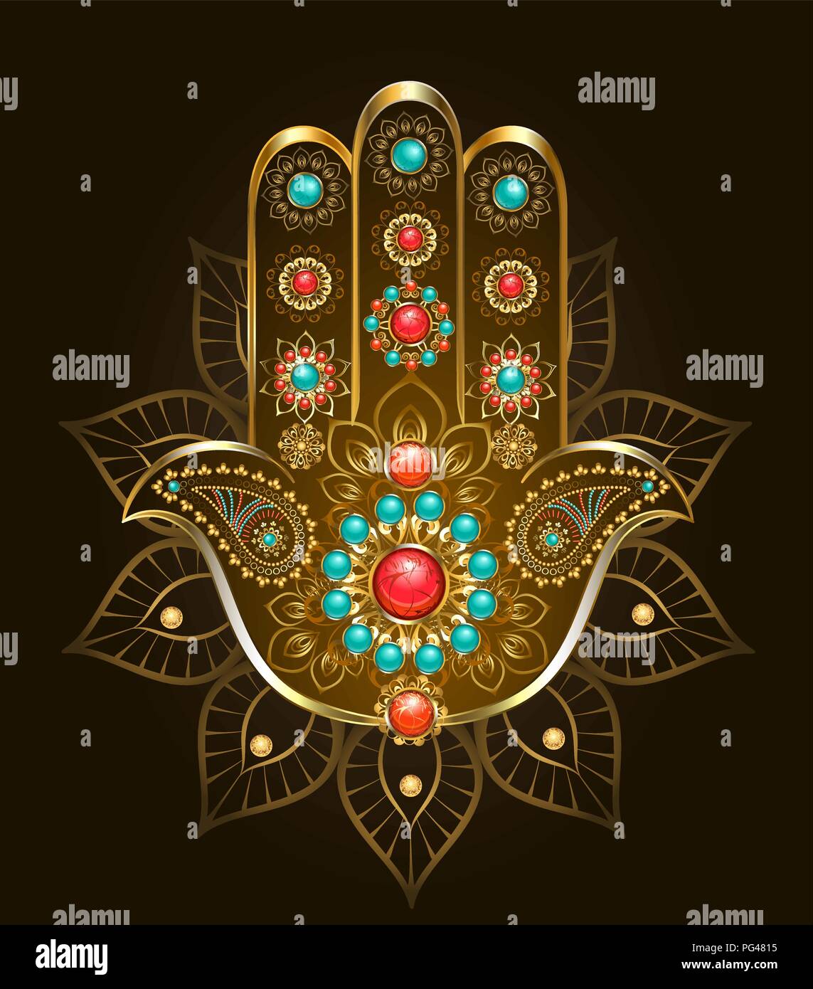 Esoteric, oriental symbol hand Hamsa of gold with turquoise and jasper ...