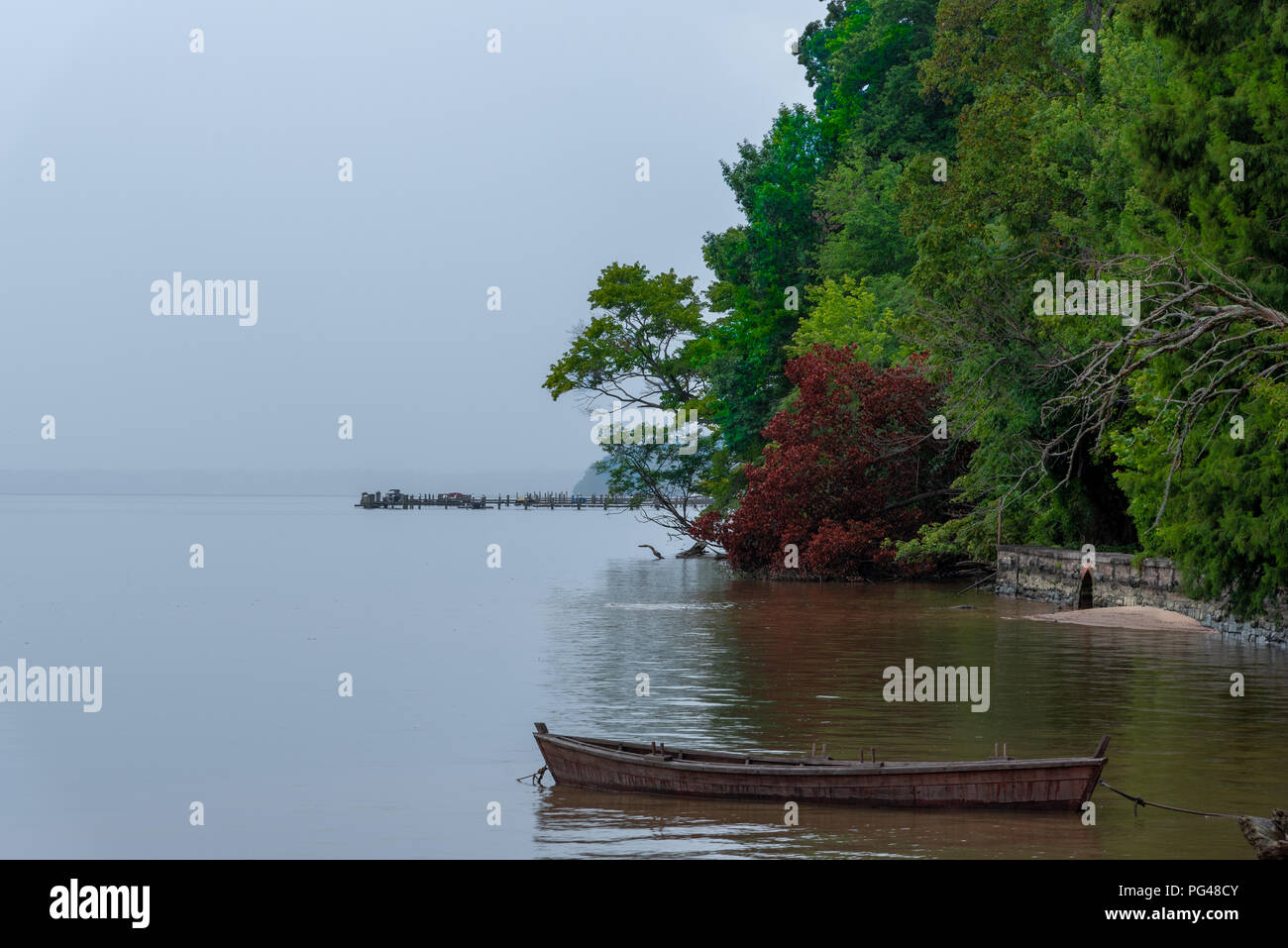 An old rowboat is tied up close to shore close to coroful trees with a ...
