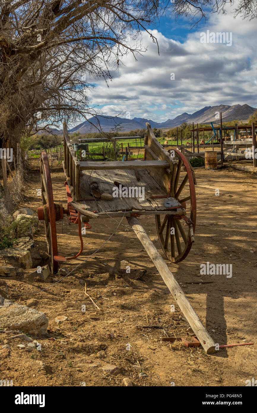 Weathered vintage wooden wagon exposed to the elements in a farmyard ...