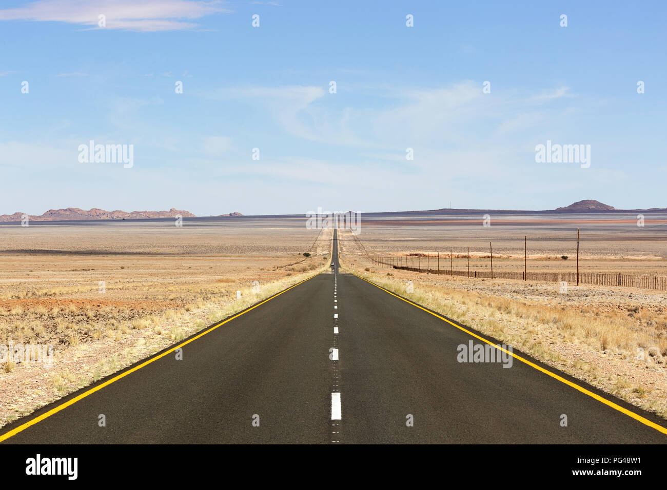Long stretch of straight blacktop highway through the Namibian Desert ...
